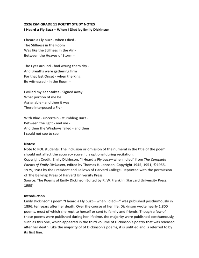 Emily Dickinson's 'I Heard a Fly Buzz' Study Notes
