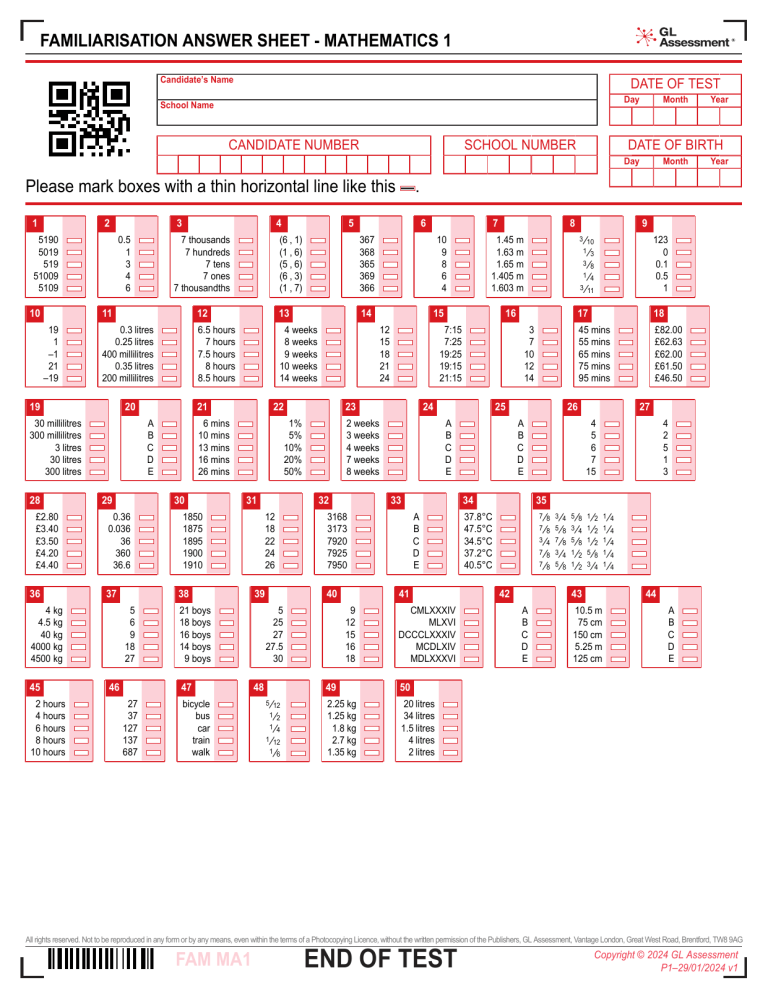 Mathematics 1 Familiarisation Answer Sheet - GL Assessment