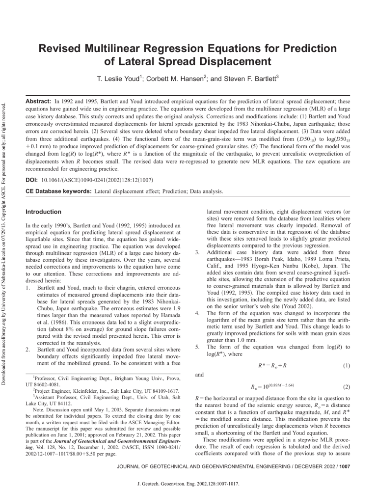 Revised MLR Equations for Lateral Spread Displacement Prediction