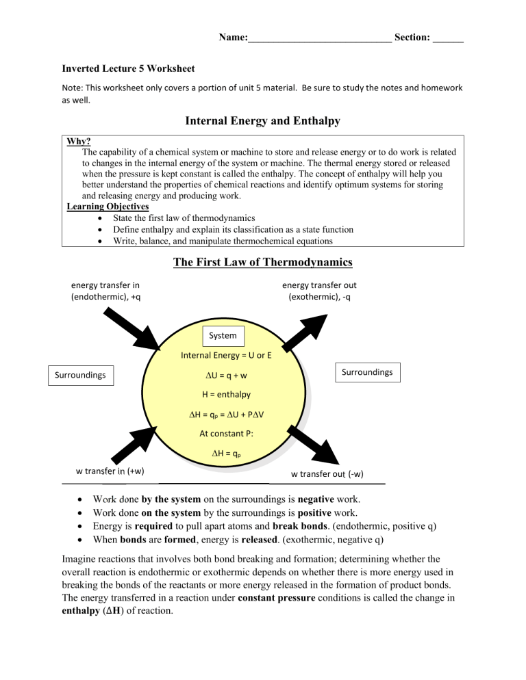 Chemistry Worksheet: Internal Energy, Enthalpy, First Law & Hess's Law