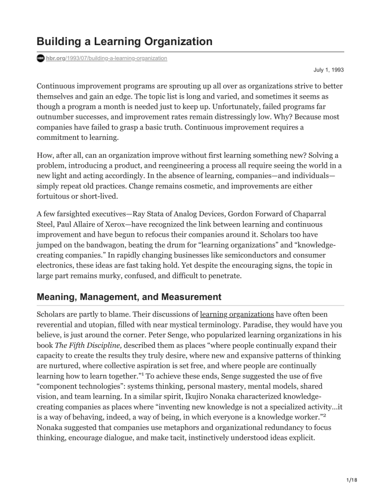 Building a Learning Organization: HBR Article on Continuous Improvement