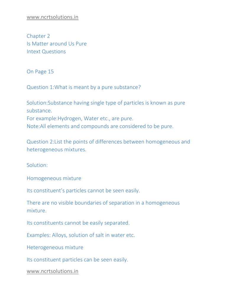 Is Matter around Us Pure: NCERT Solutions for Chapter 2 Chemistry