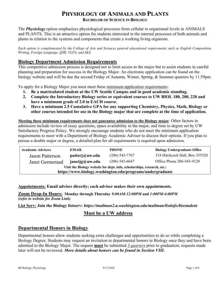 UW BS Biology Physiology Degree Requirements | University of Washington