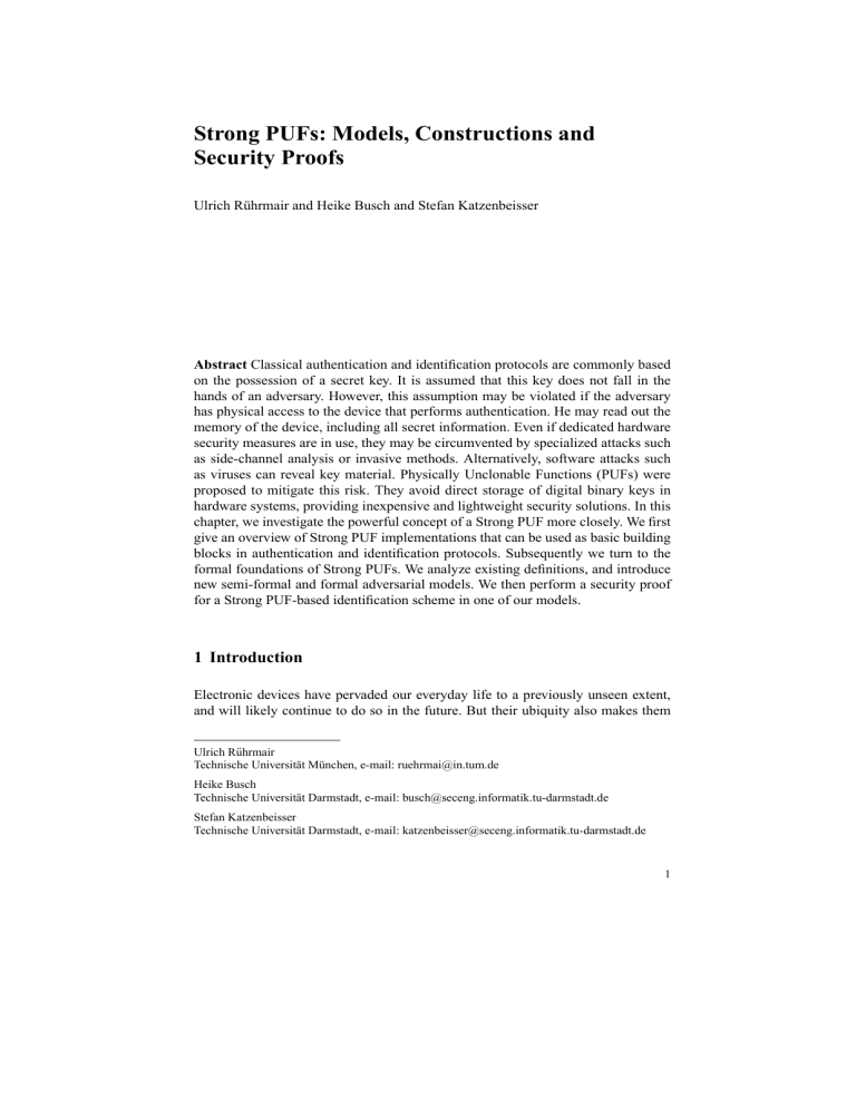 Strong PUFs: Models, Constructions, Security Proofs & Implementations