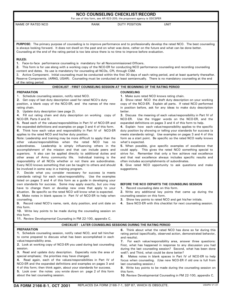 NCO Counseling Checklist/Record: Performance & Professional Development ...