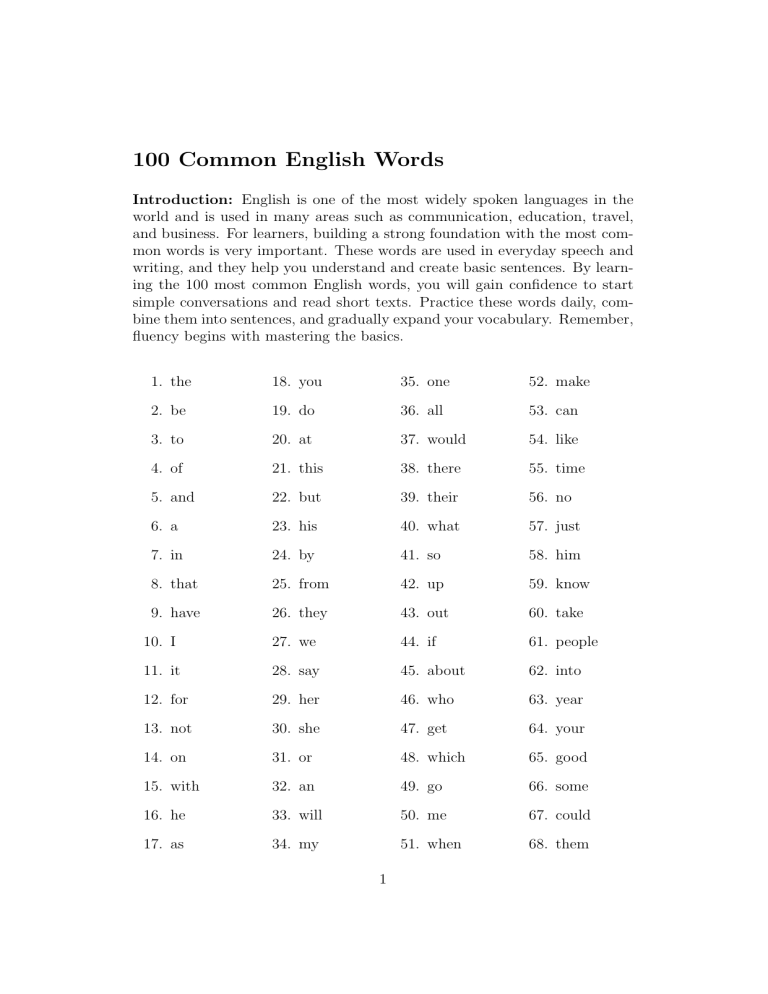 100 Common English Words - Vocabulary List for Beginners