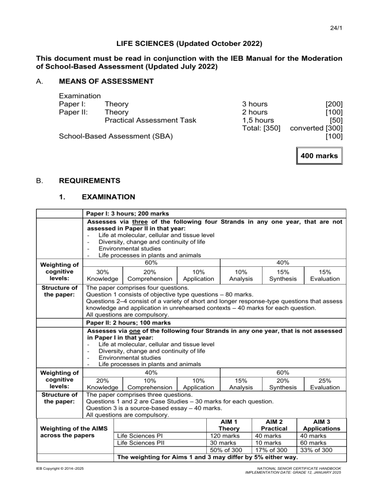 IEB Life Sciences Grade 12 Assessment Requirements Handbook 2025