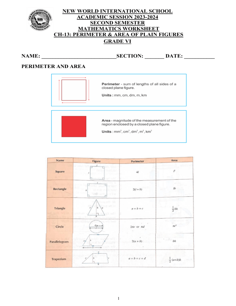 Grade 6 Math Worksheet: Perimeter & Area of Plain Figures