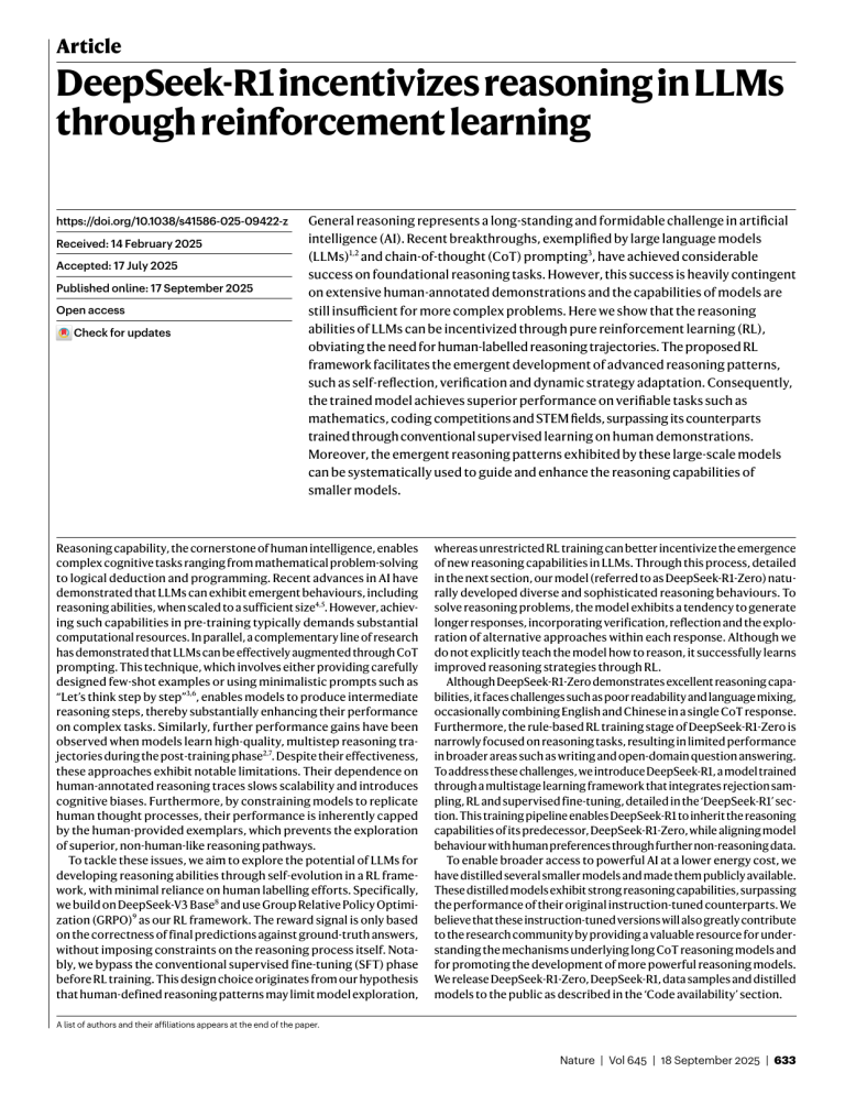 DeepSeek-R1: Reasoning in LLMs via Reinforcement Learning