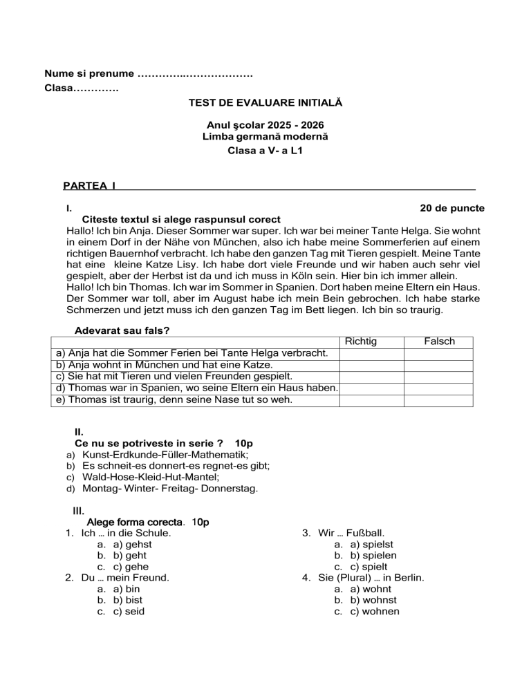 Deutschtest für 5. Klasse: Lesen, Grammatik, Wortschatz