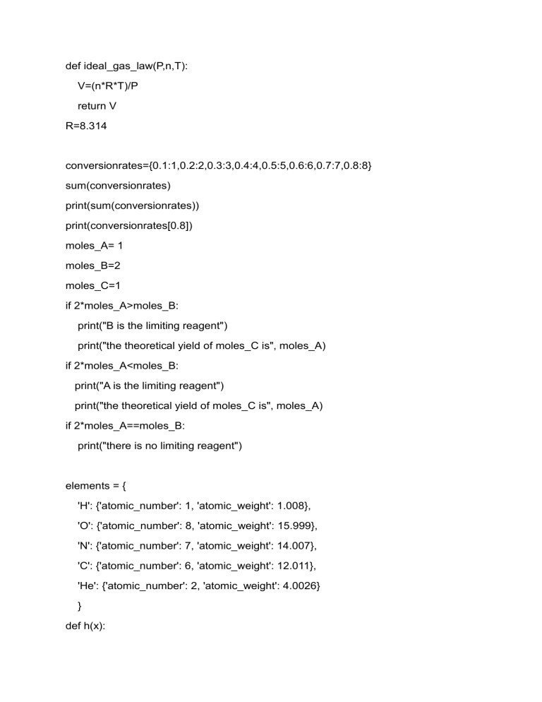 Python Code for Ideal Gas Law, Limiting Reagents & Atomic Data