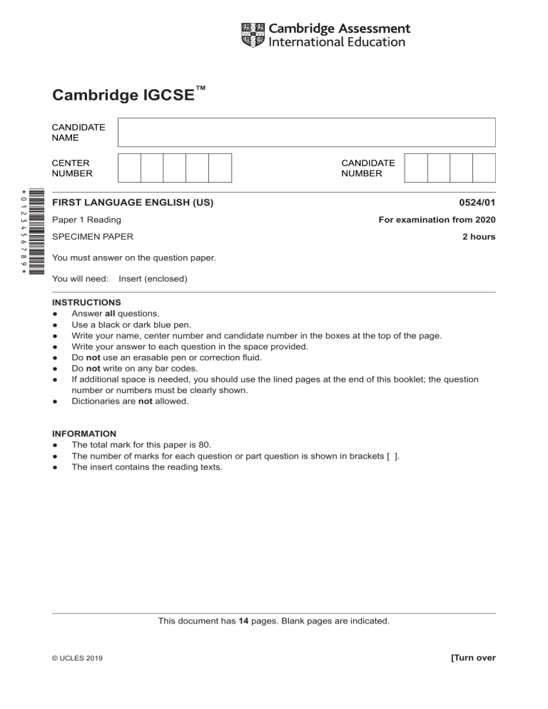 Cambridge IGCSE First Language English (US) Paper 1 Reading Specimen