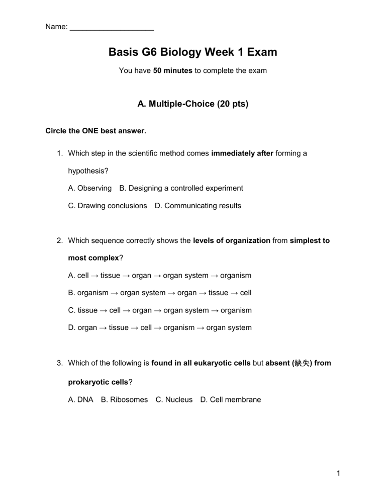 Basis G6 Biology Week 1 Exam: Cells, Tissues, Scientific Method