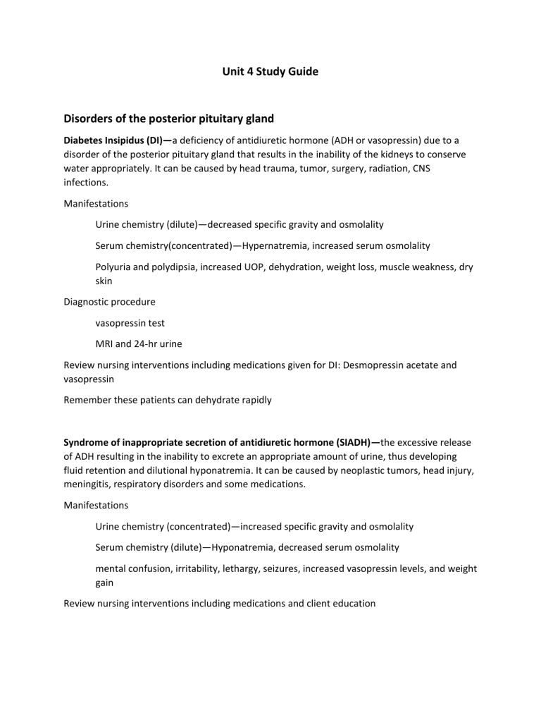Unit 4 Study Guide: Endocrine Disorders & Nursing Interventions