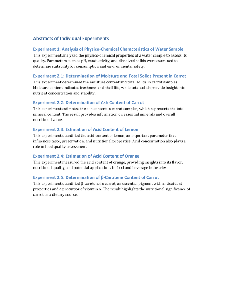 Water & Food Analysis: Experiment Abstracts