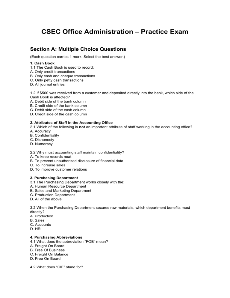 CSEC Office Administration Practice Exam - MCQs & Structured Questions