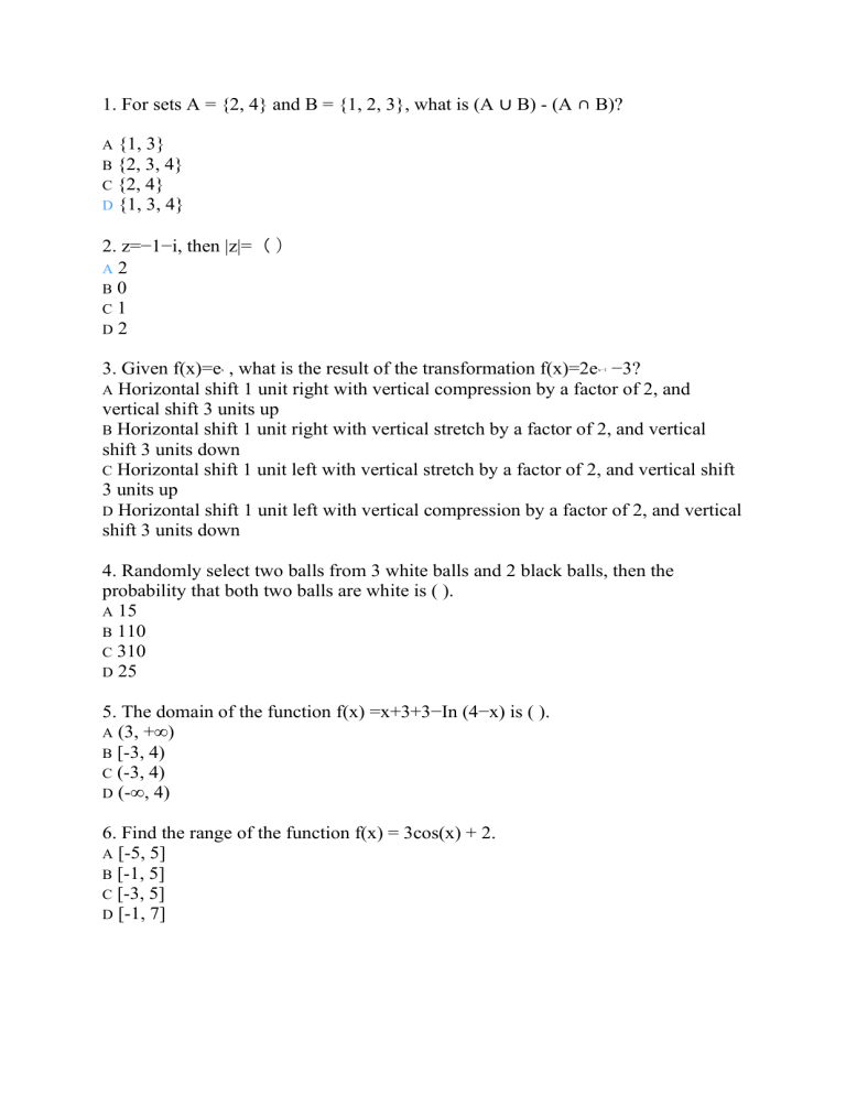 Mathematics Practice Problems: Sets, Functions, Calculus, Probability