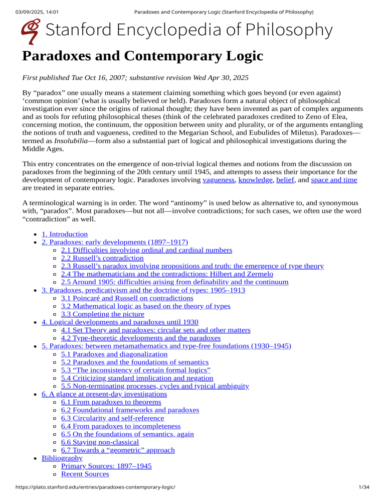 Paradoxes and Contemporary Logic: Stanford Encyclopedia of Philosophy