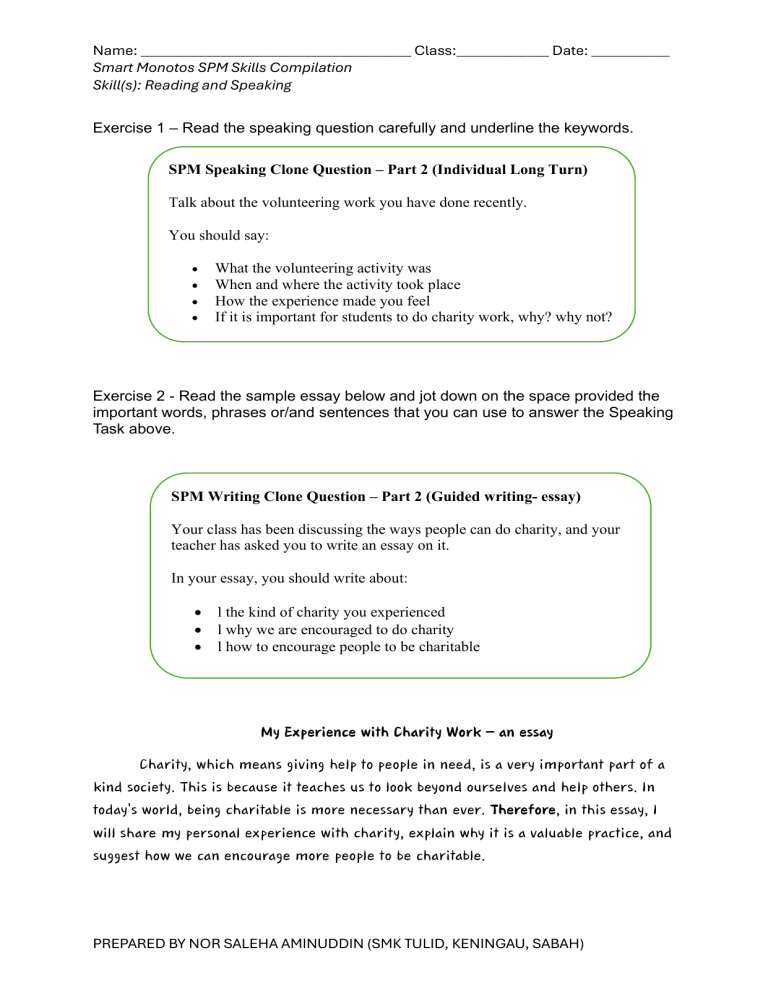 SPM English Reading & Speaking Skills: Charity Work Exercises
