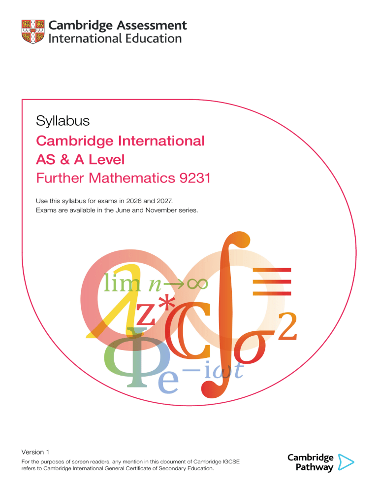 Cambridge AS & A Level Further Mathematics 9231 Syllabus