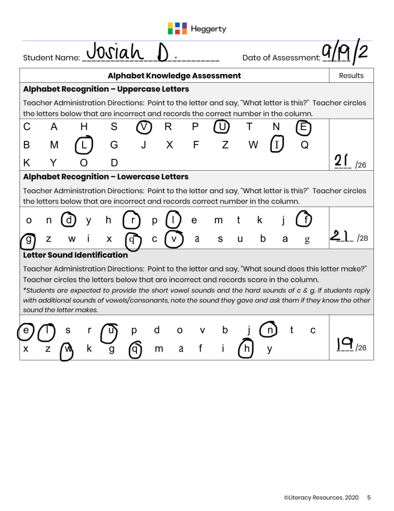 Alphabet Knowledge Assessment: Uppercase, Lowercase, Sounds