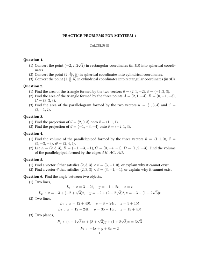 Calculus III Midterm Practice Problems