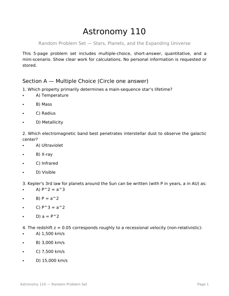 Astronomy 110 Problem Set: Stars, Planets, Expanding Universe Questions