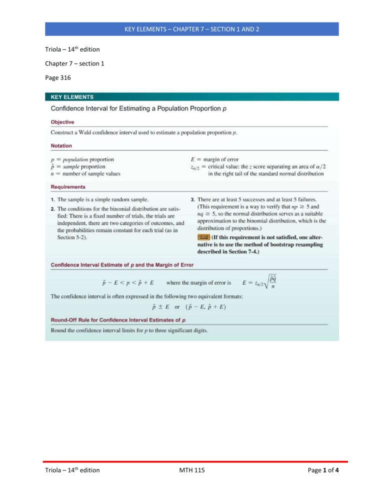 Confidence Intervals: Key Elements from Triola's Statistics