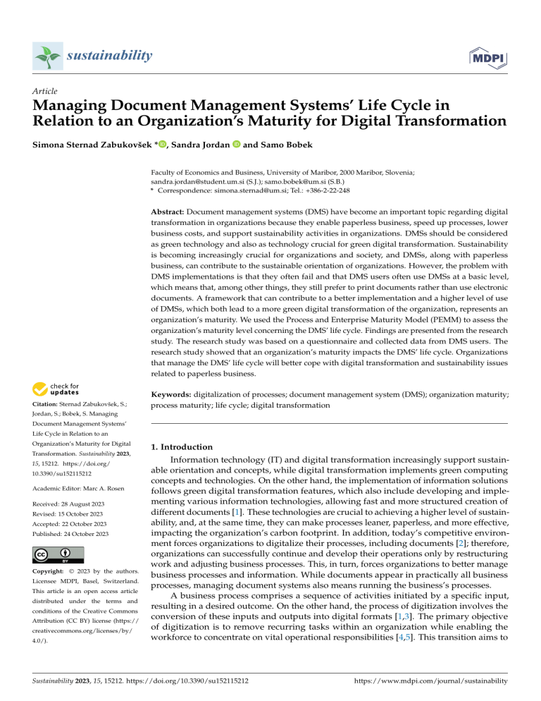 DMS Life Cycle & Org Maturity for Digital Transformation & Sustainability