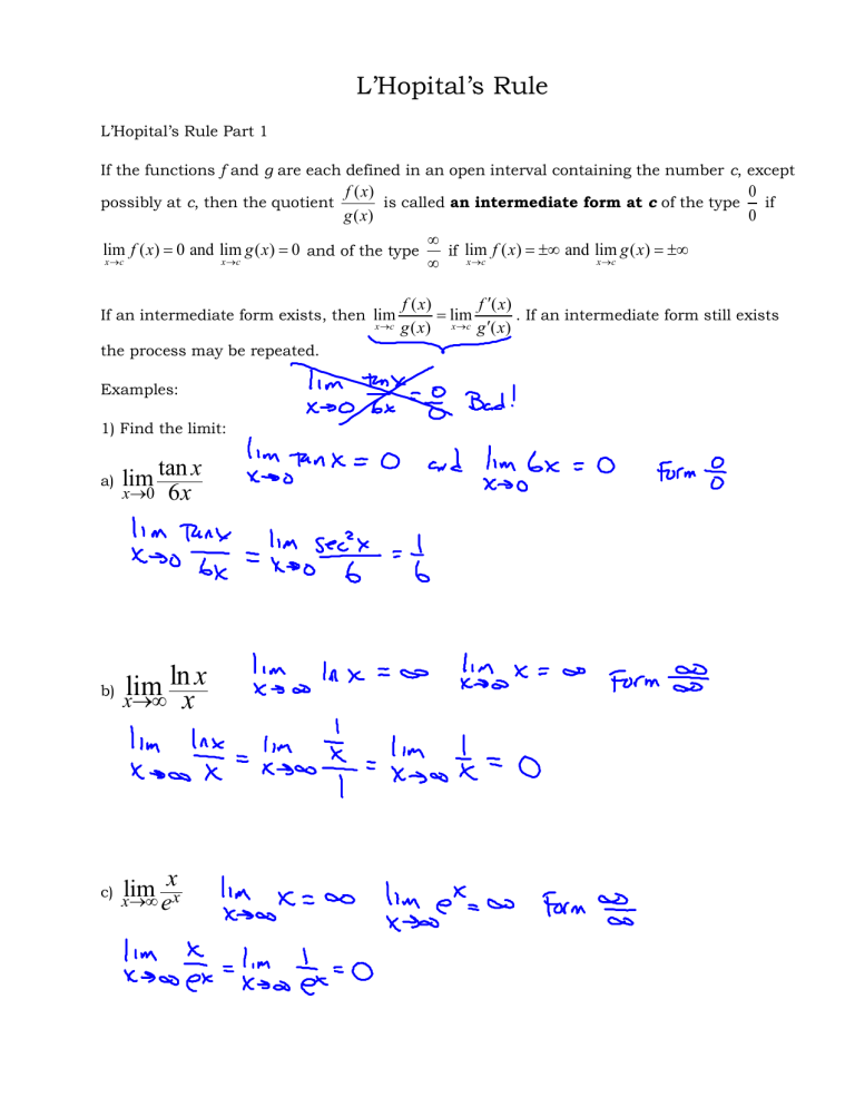 L'Hopital's Rule: Limits, Intermediate Forms & Calculus Examples
