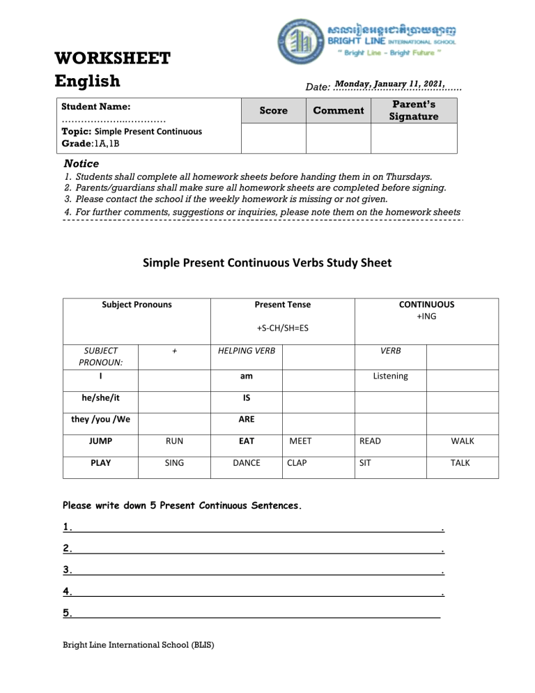 Simple Present Continuous Worksheet for Grade 1