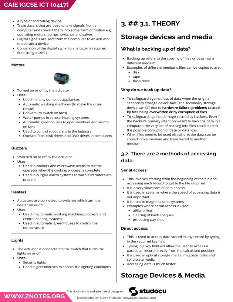 IGCSE ICT Study Notes: Actuators & Storage Devices