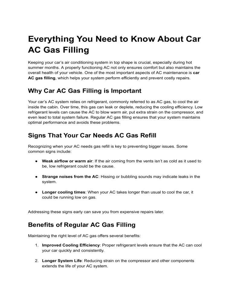 Car AC Gas Filling: Everything You Need to Know