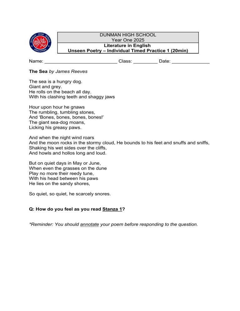"The Sea" Poetry Analysis Worksheet - High School Literature