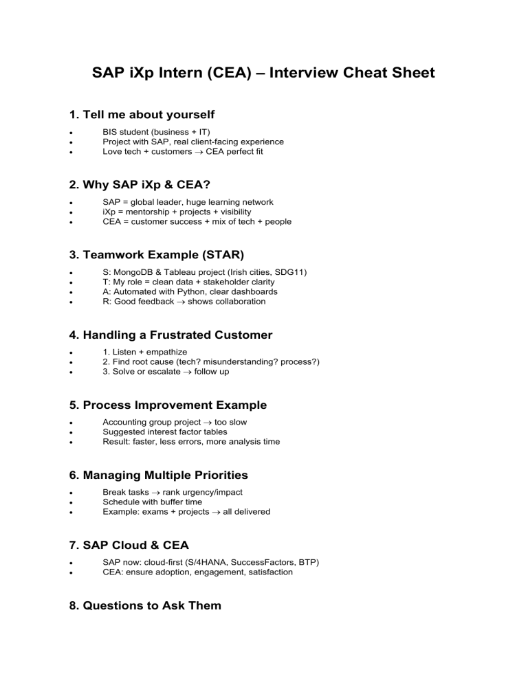 SAP iXp Intern (CEA) Interview Cheat Sheet