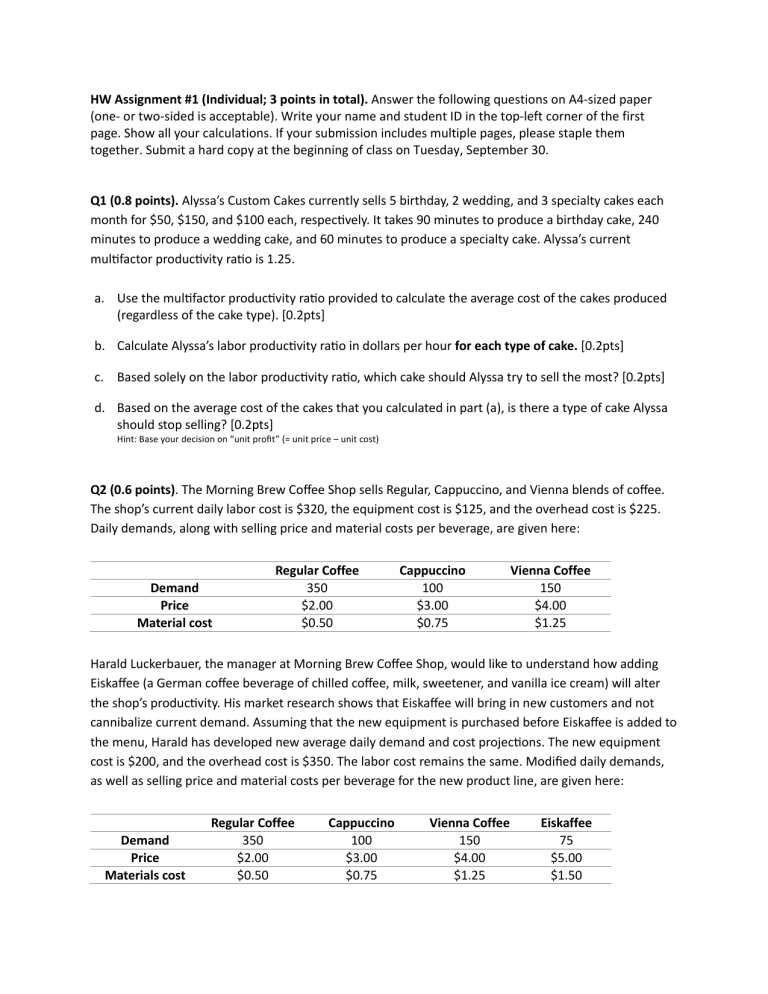 Operations Management Homework: Productivity, Cost & Break-Even Analysis