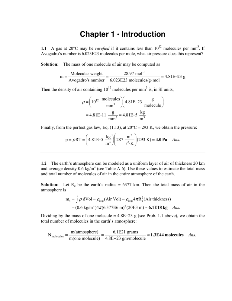 Fluid Mechanics Solutions Manual - Chapter 1: Introduction Problems