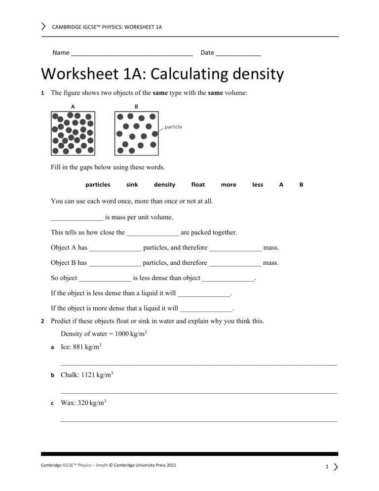 Cambridge IGCSE Physics Worksheet 1A: Calculating Density
