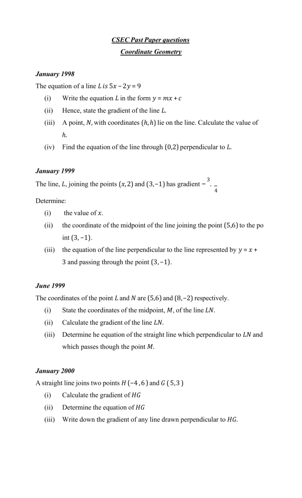 CSEC Coordinate Geometry Past Paper Questions (1998-2024)
