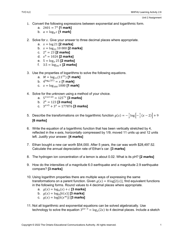 MHF4U Learning Activity 2.6: Exponential & Logarithmic Functions