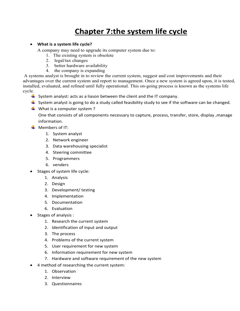System Life Cycle: Analysis, Design, Development & Implementation