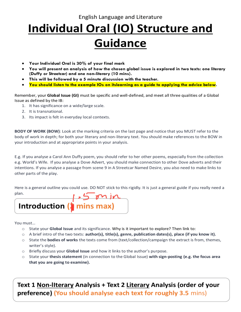 IB English IO Structure & Guidance: Language & Literature Oral Exam