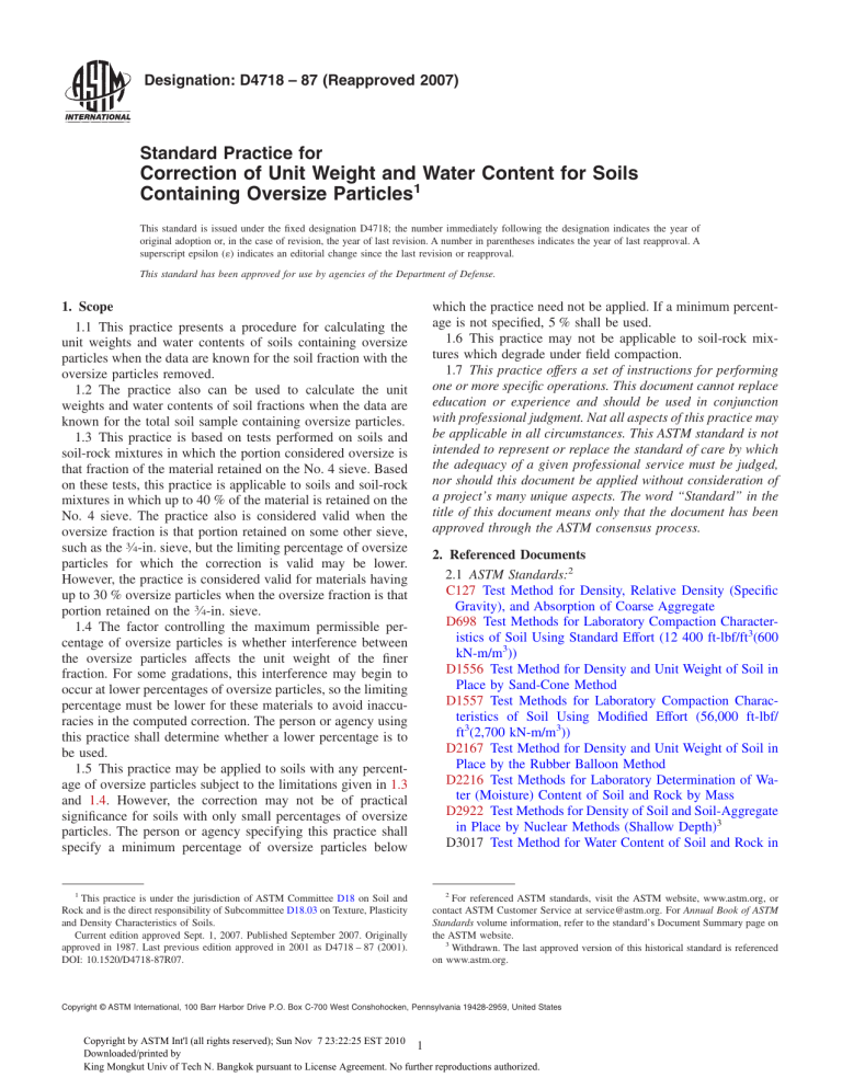 D4718 Standard Practice: Soil Unit Weight & Water Content Correction