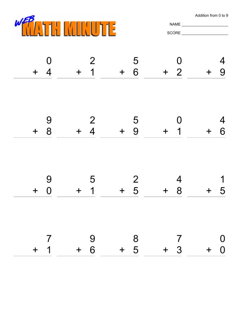Addition from 0 to 9 Worksheets | Basic Math Practice for Kids