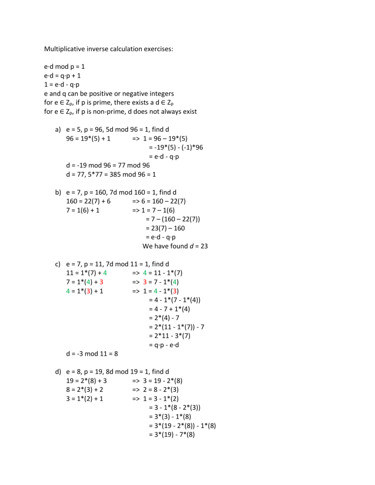 Multiplicative Inverse Calculation Exercises