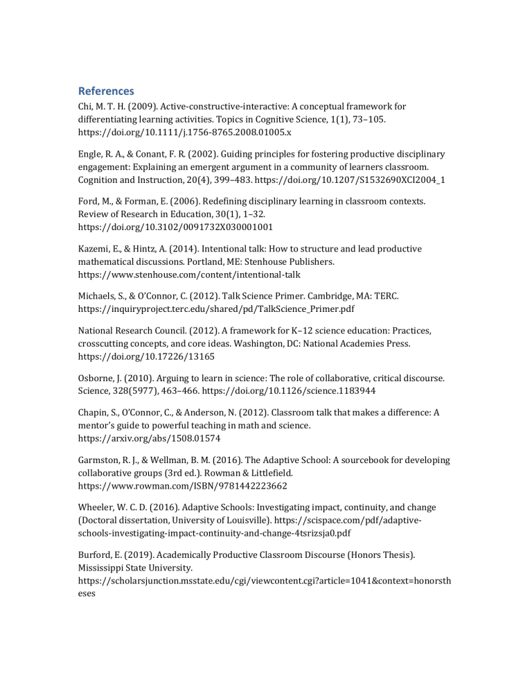 Educational Research References: Learning, Discourse & Science Education