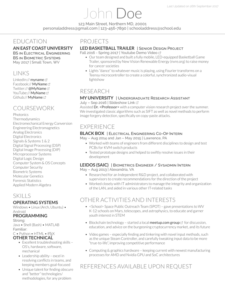 John Doe - Electrical Engineering & Biometric Systems Resume