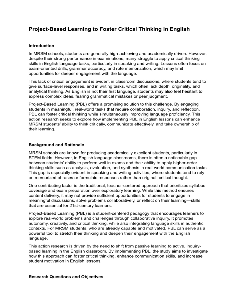 PBL for Critical Thinking in English: Action Research Proposal