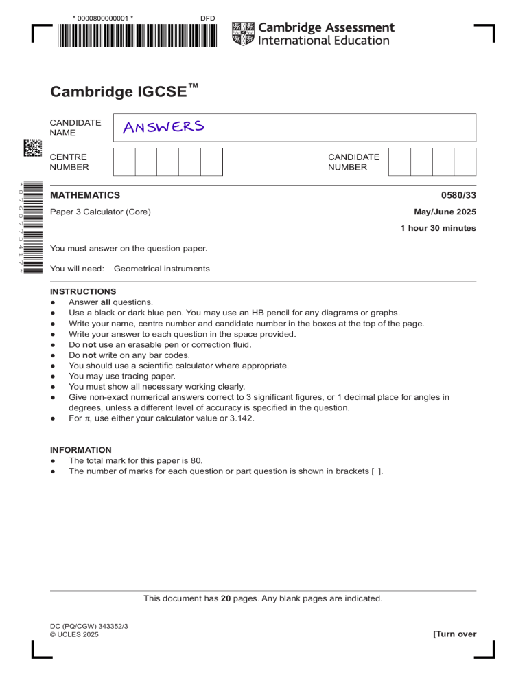 Cambridge IGCSE Mathematics 0580/33 Paper 3 Core May/June 2025