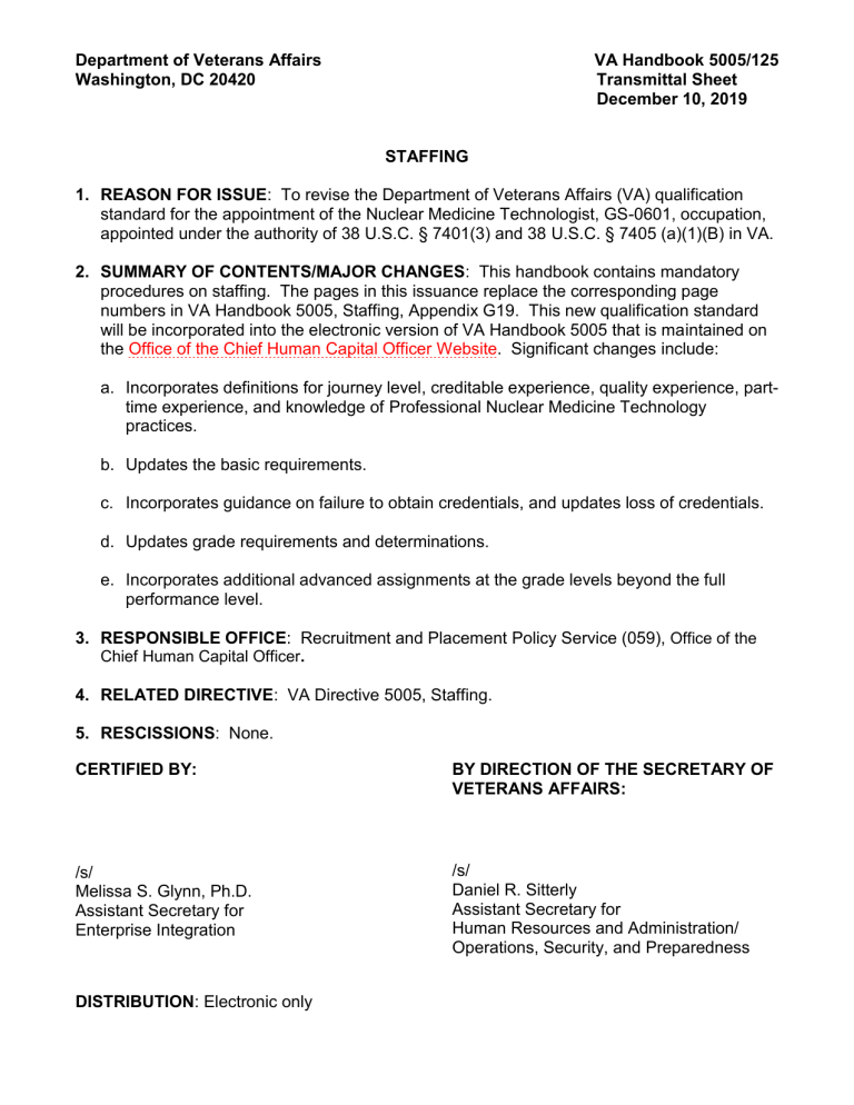 VA Handbook 5005/125: Nuclear Medicine Technologist Qualification Standard